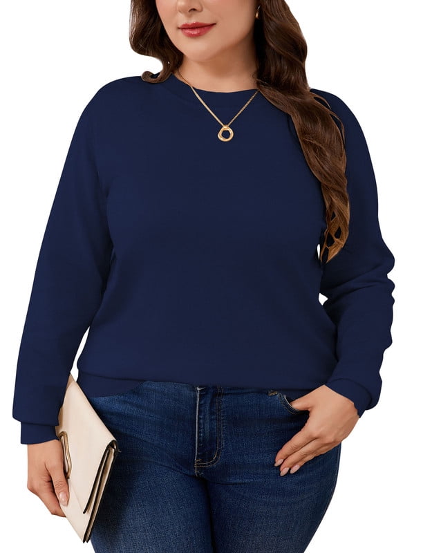Drvitor Plus Size Sweaters for Women Crew Neck Basic Solid Color ...
