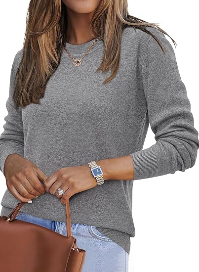 Drvitor Plus Size Sweaters for Women Crew Neck Basic Solid Color ...