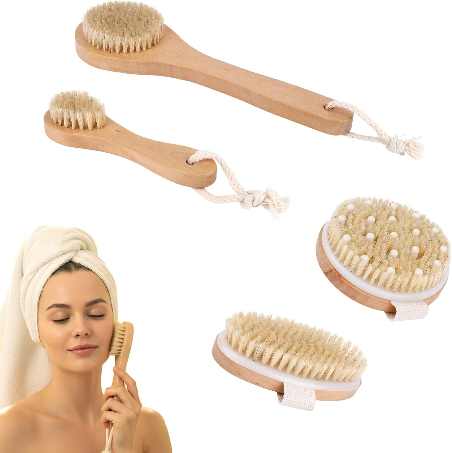 Dry Brush Set-4 Packs Natural Boar Bristle Dry Brushing Body Brush ...