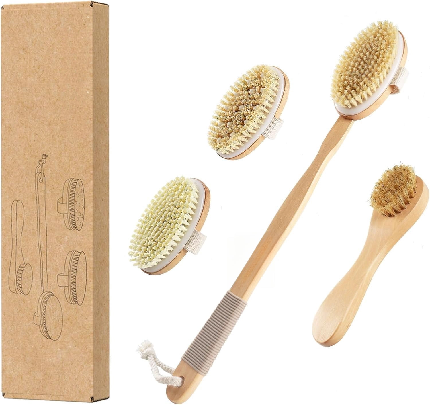 Dry Brushing Set - Natural Boar Bristle Body & Face Brush, Wooden Long ...