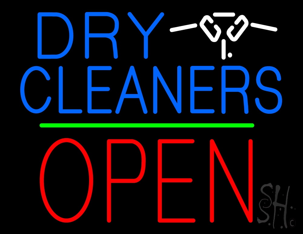 Dry Cleaners Logo Block Open Green Line LED Neon Sign 24" Tall x 31 ...