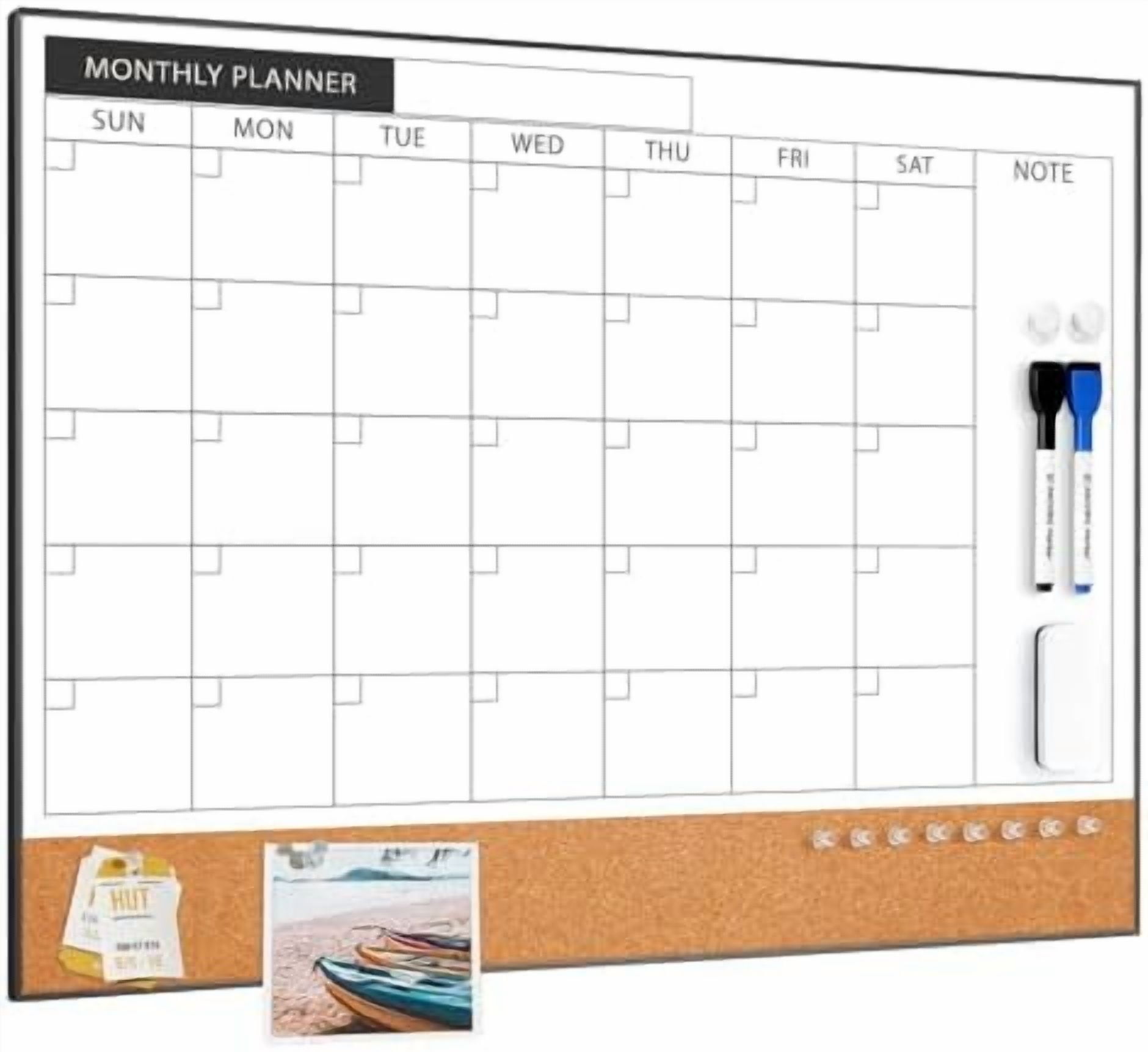Dry Erase Calendar with Cork Board for Wall, 24"x 18" Magnetic Calendar ...