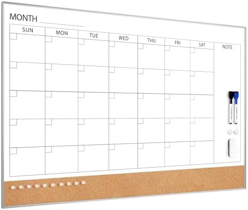 Dry Erase Calendar with Cork Board for Wall, 36"x 24" Magnetic Calendar ...