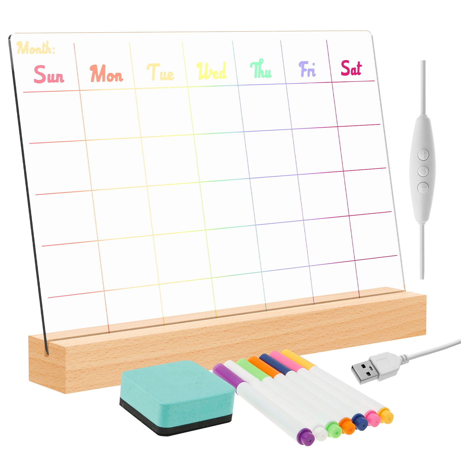 Dry Erase Calendar Reusable Acrylic Desk Calendar with Wood Base Light ...