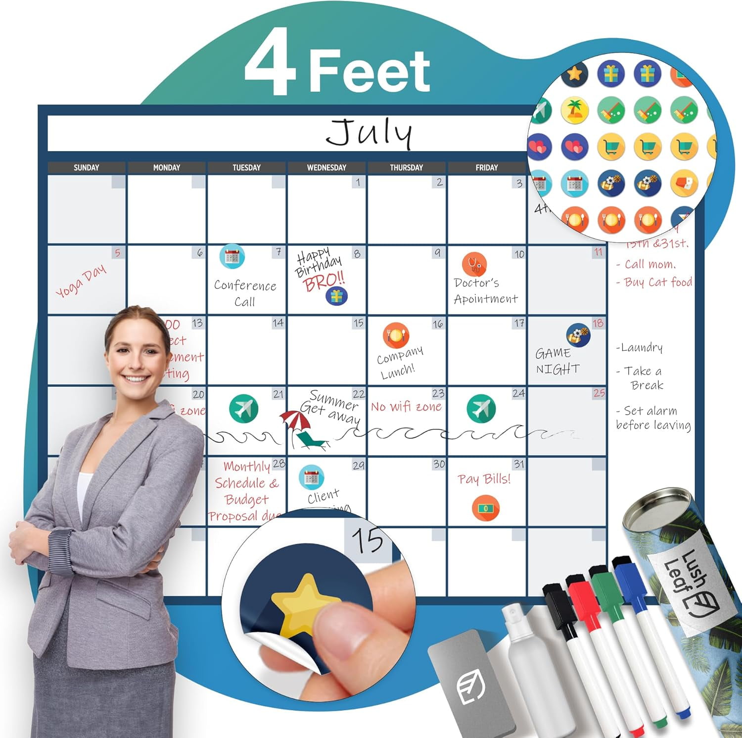 Dry Erase Calendar for Wall, 36"x48" - Undated, Reusable, Monthly ...