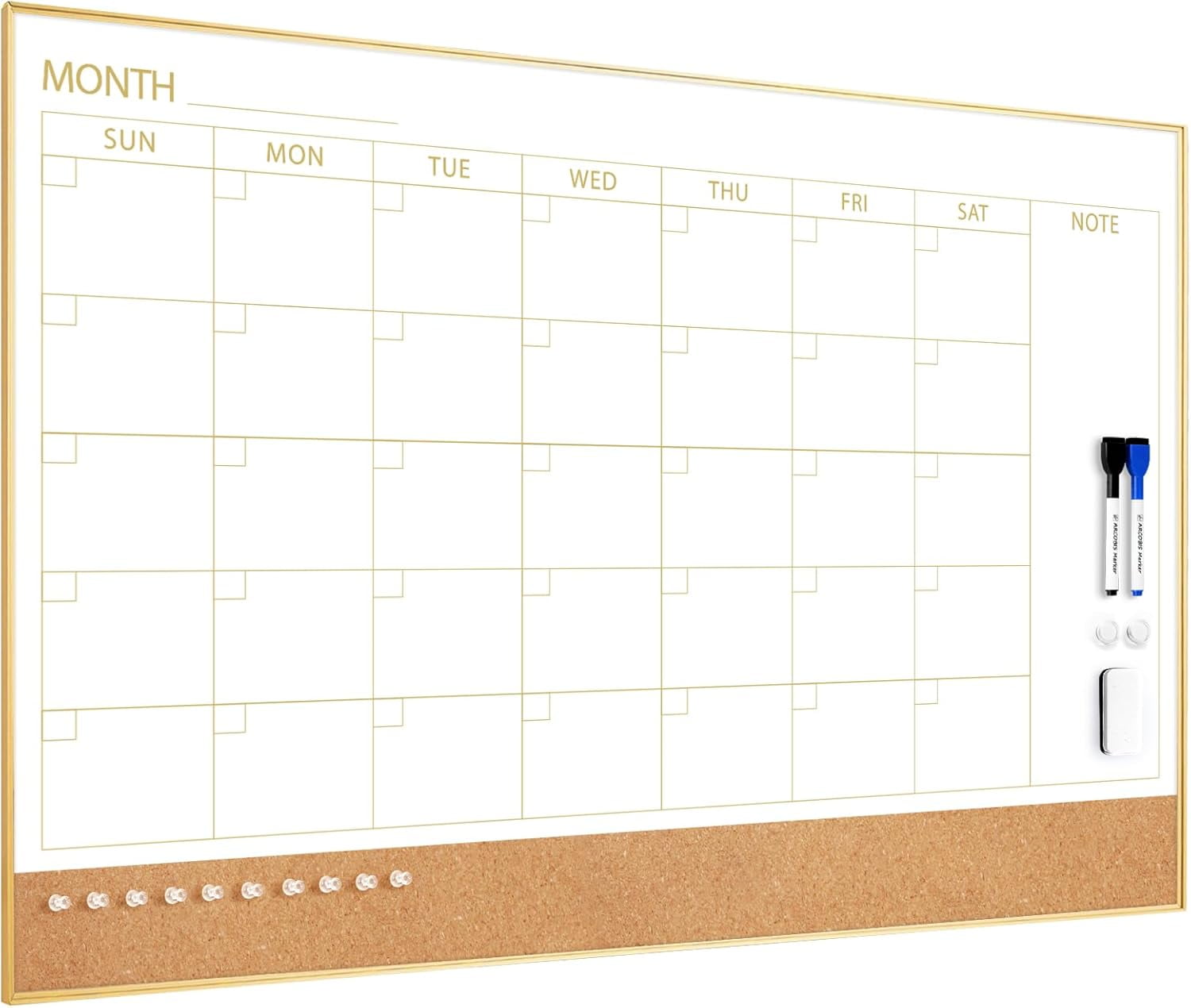 Dry Erase Calendar Whiteboard Cork Board Combo, 36"x24" Magnetic White ...