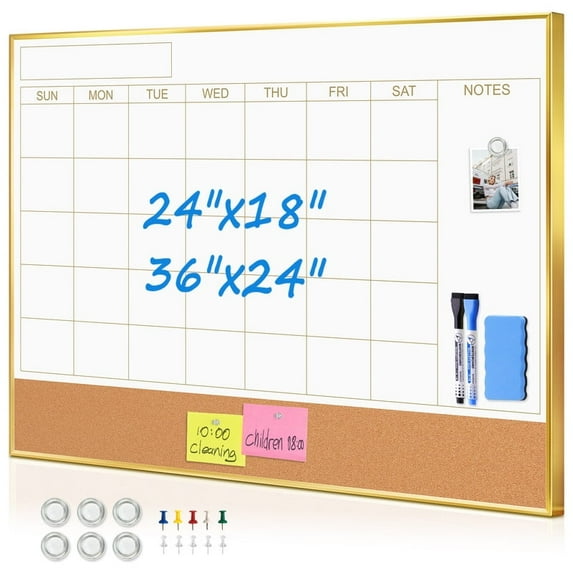 Dry Erase Calendar Whiteboard Cork Board Combo 36"x24" Magnetic White ...