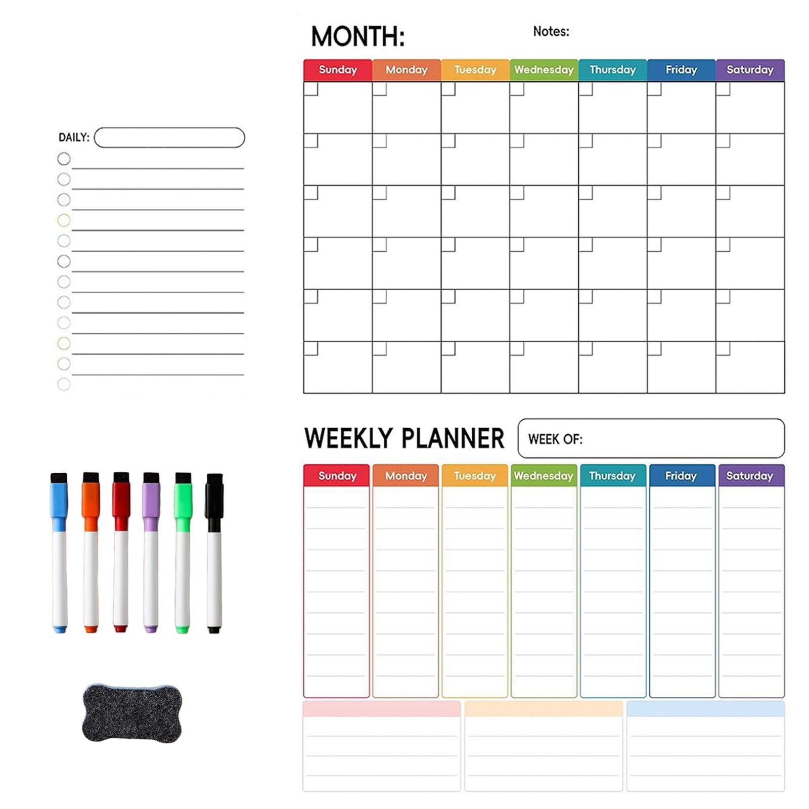 Dry Erase Calendar 3 Pack Monthly & Weekly & Daily Planner Whiteboard ...