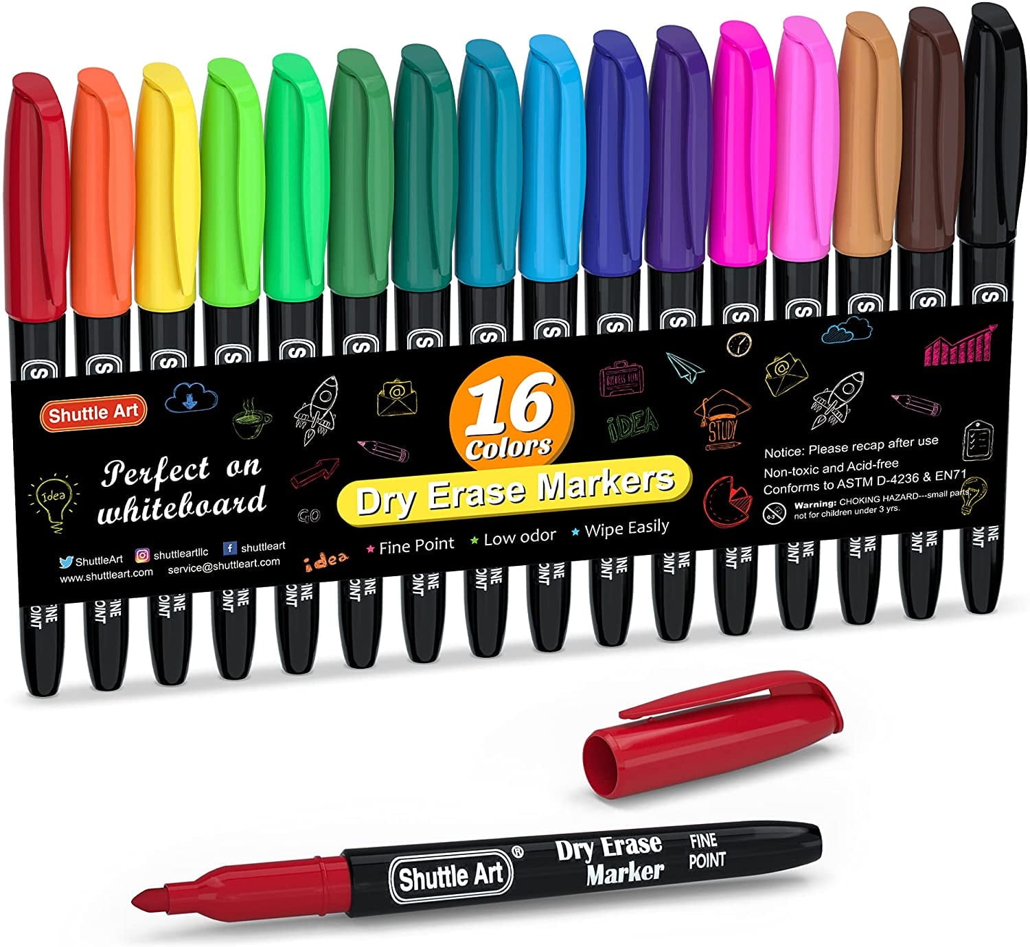 Shuttle Art 16 Colors Dry Erase Markers, Fine Tip, Perfect for ...