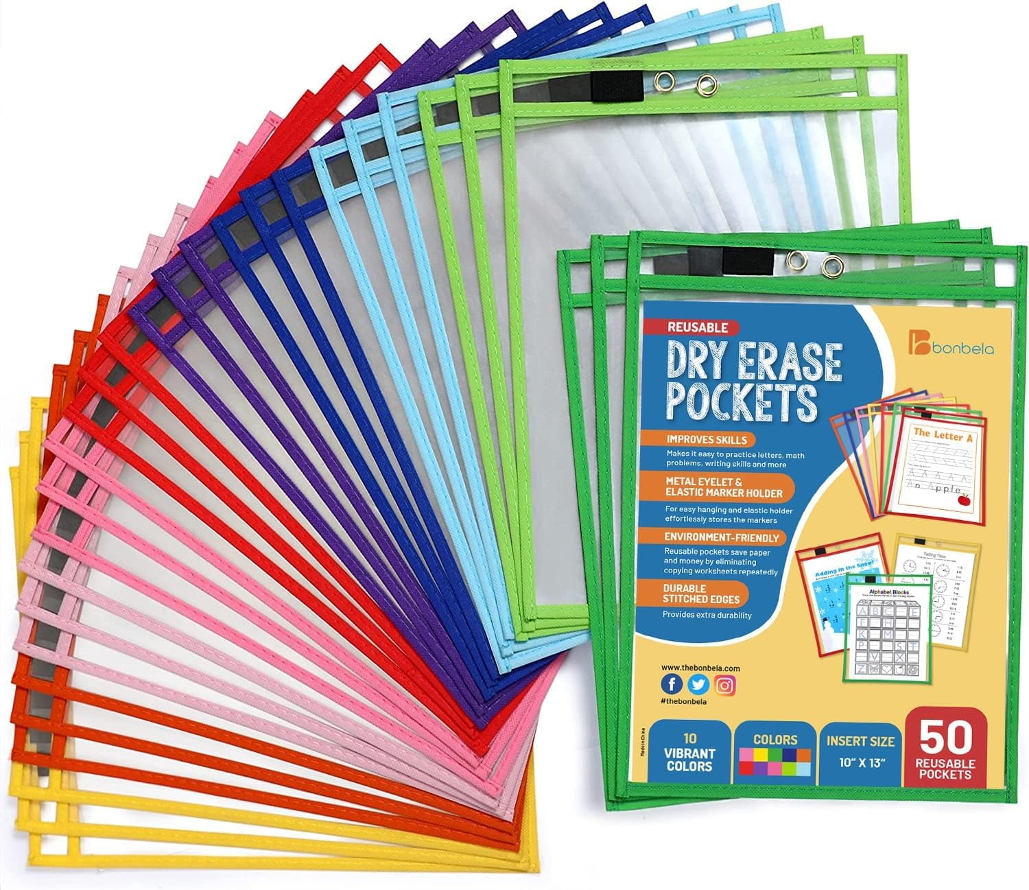 Dry Erase Pockets 50 Pack - 10 x 13 Reusable Dry Erase Pocket Sleeves ...