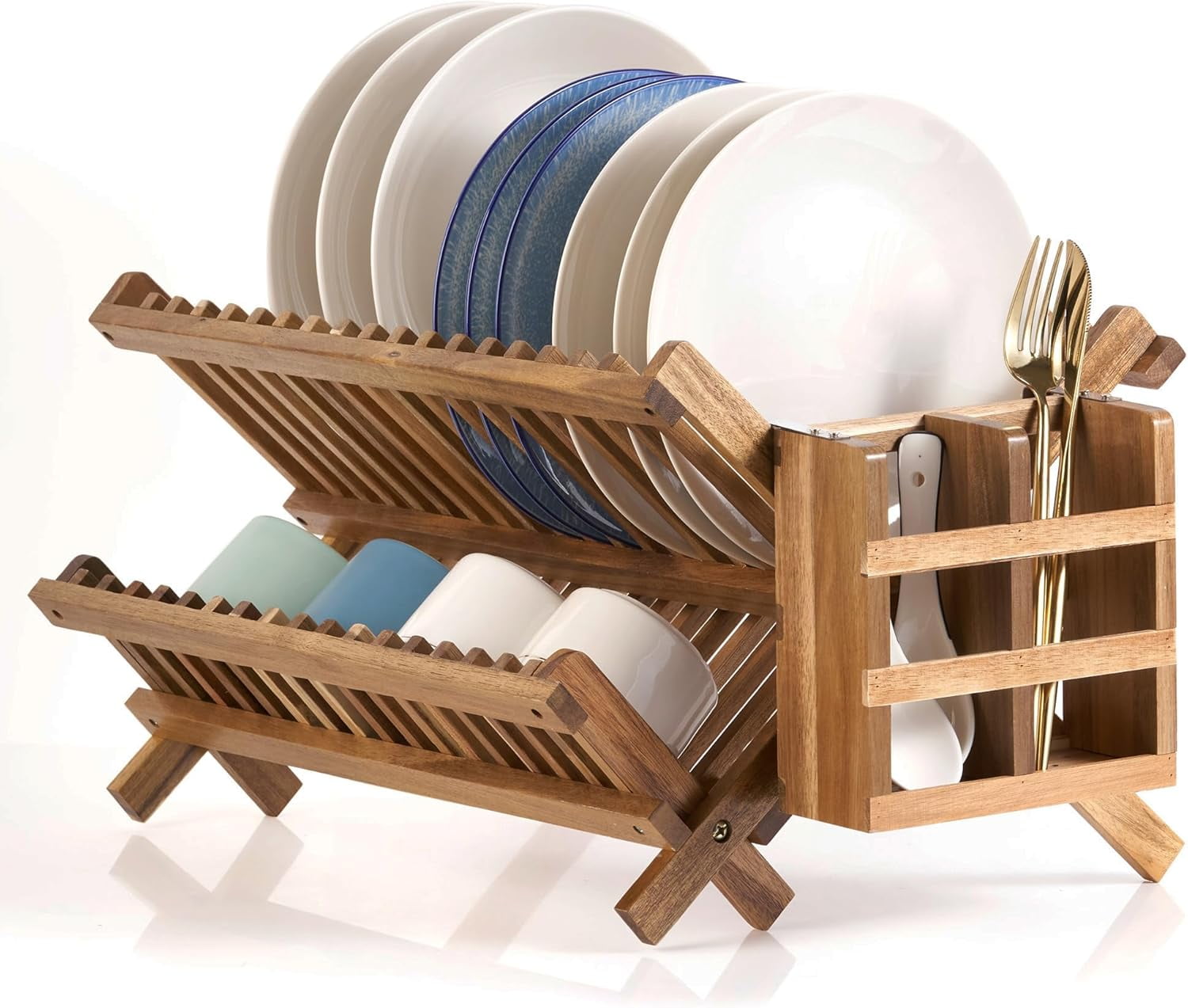 Dry rack 2-level, foldable small plate rack, tableware rack, wooden ...