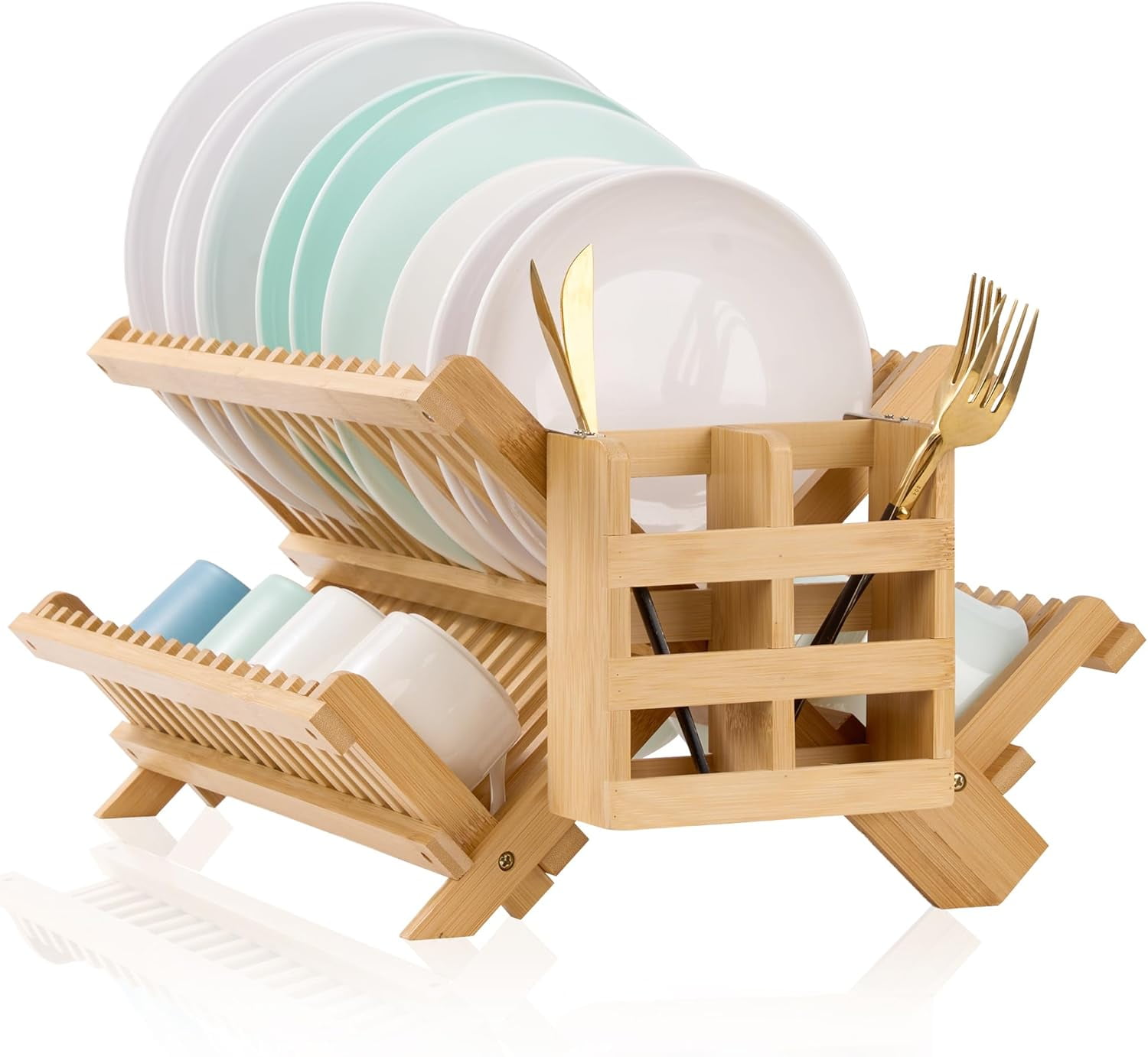 Dry rack 2-level, foldable small plate rack, tableware rack, wooden ...