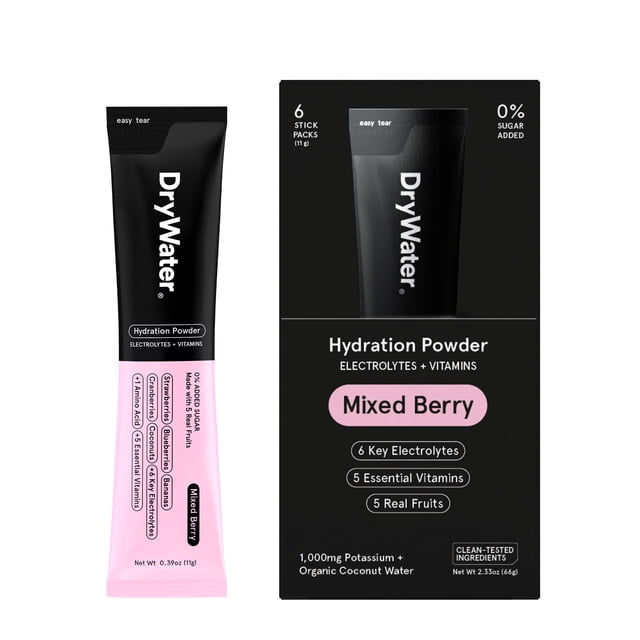 DryWater Hydration Powder (Electrolytes + Vitamins) , Mixed Berry, 6 ...