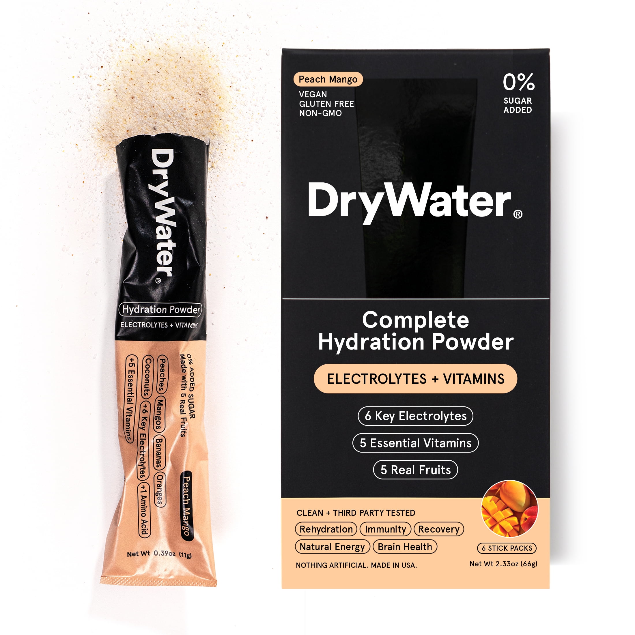 DryWater Hydration Powder (Electrolytes + Vitamins) , Peach Mango, 6 ...
