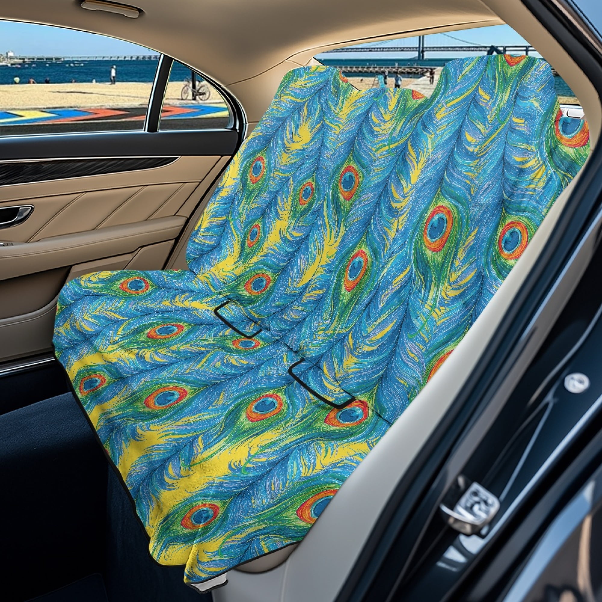 Drydeepin Peacock Feather Car Back Seat Cover, Rear Bench Seat Towel ...