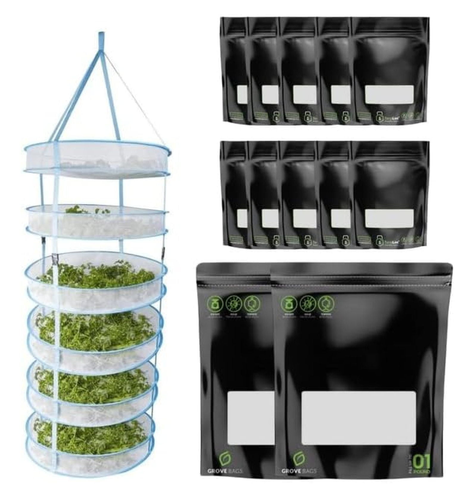 Drying Rack 6-Tier + Windowed Grove Bags 1oz (10) & 1/4lb (2) - Perfect ...