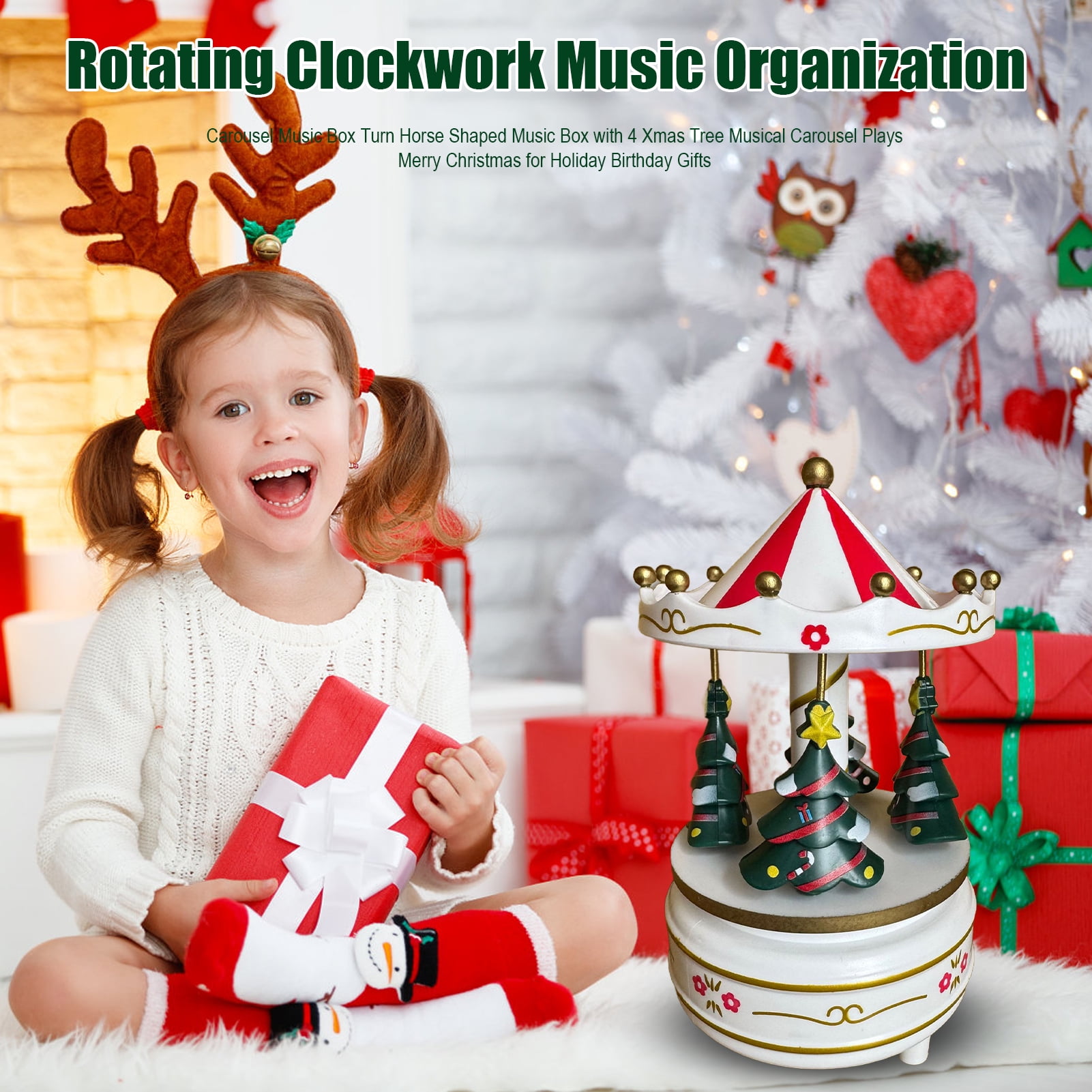 Dserfhy Carousel Music Box Turn Horse Shaped Music Box with 4 Xmas Tree ...