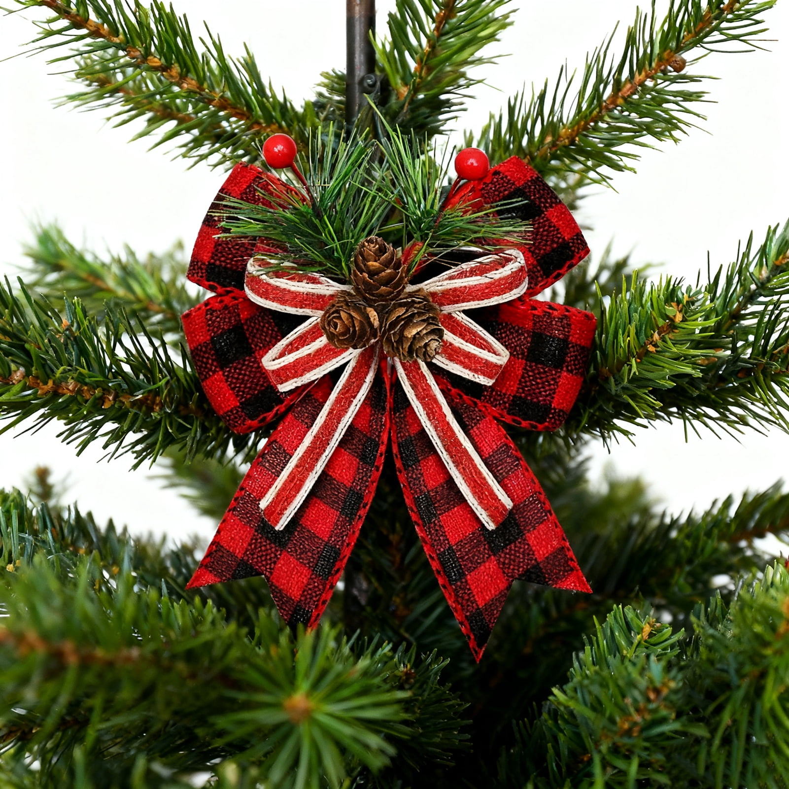 Dserfhy Christmas Burlap Plaid Bow with Pine Cones Pine Needles Large ...