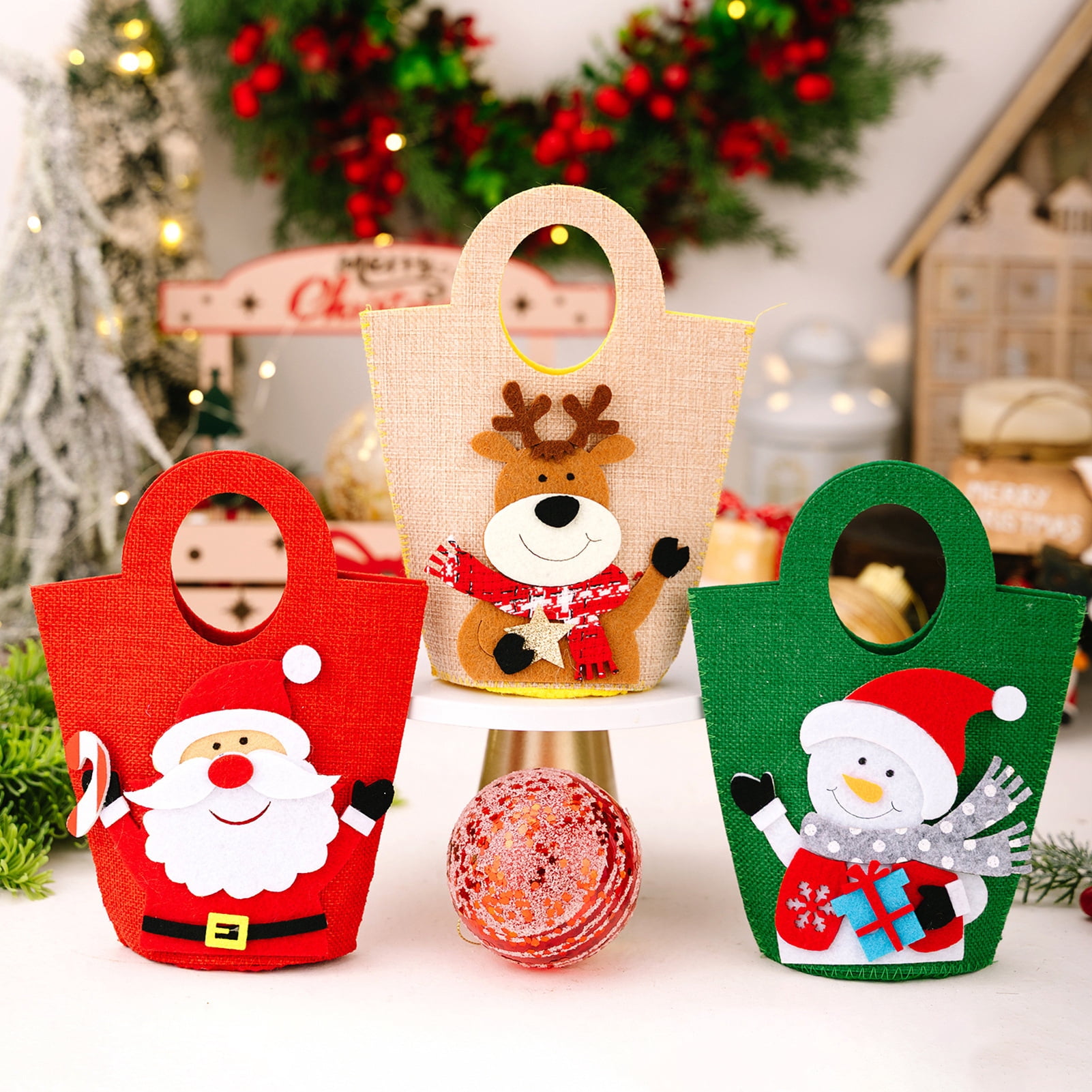 Dserfhy Christmas Gift Bags with Handles Santa Reindeer Snowman Holiday ...