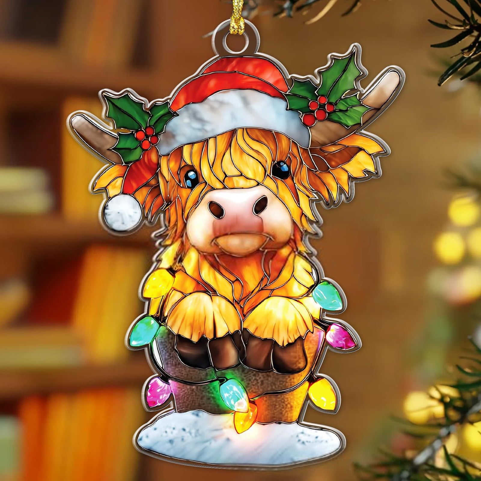 Dserfhy Highland Cow Christmas Ornament Stained Glass Effect Window ...