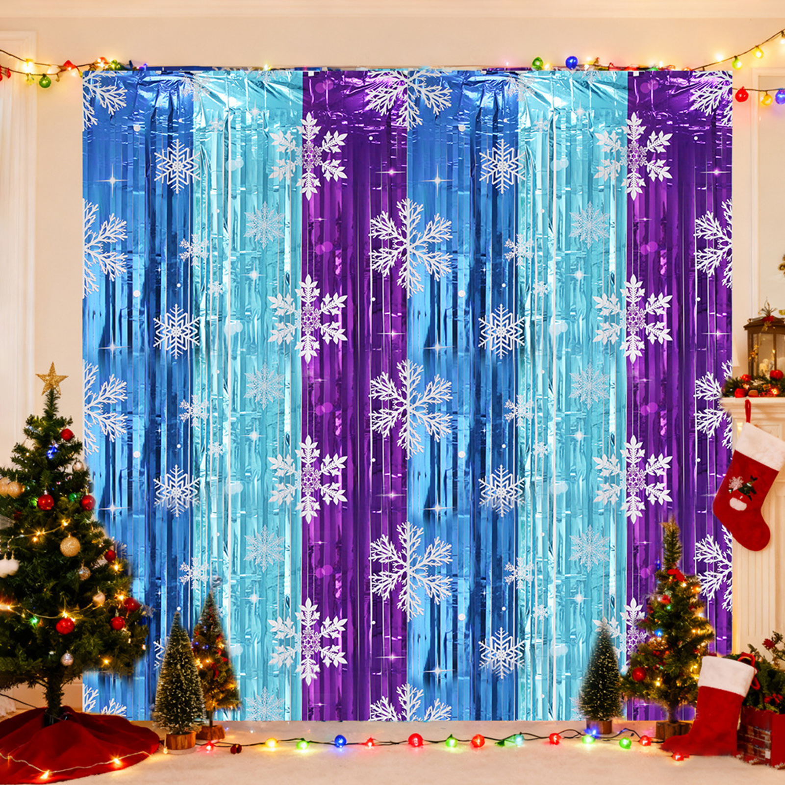 Dserfhy Snowflake Foil Fringe Curtains Metallic Silver Blue Snowflake ...