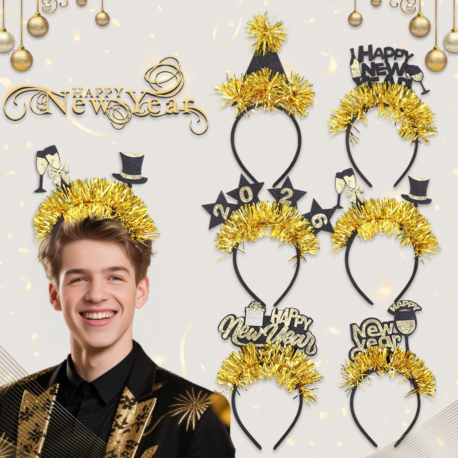 Dserhfy 2026 New Year Headband with Number Logo Black Golden Sequin ...