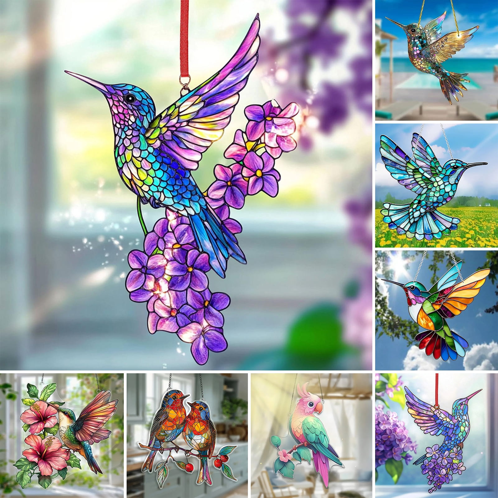 Dserhfy Acrylic Colorful Hummingbird Sun Catcher Hanging Pendant with ...