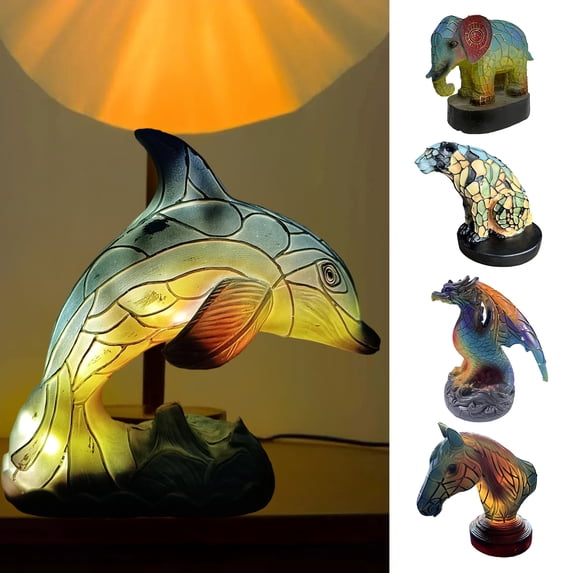 Dserhfy Animal Ornament Night Light Cat Lamp Stained Glass Resin Statue ...