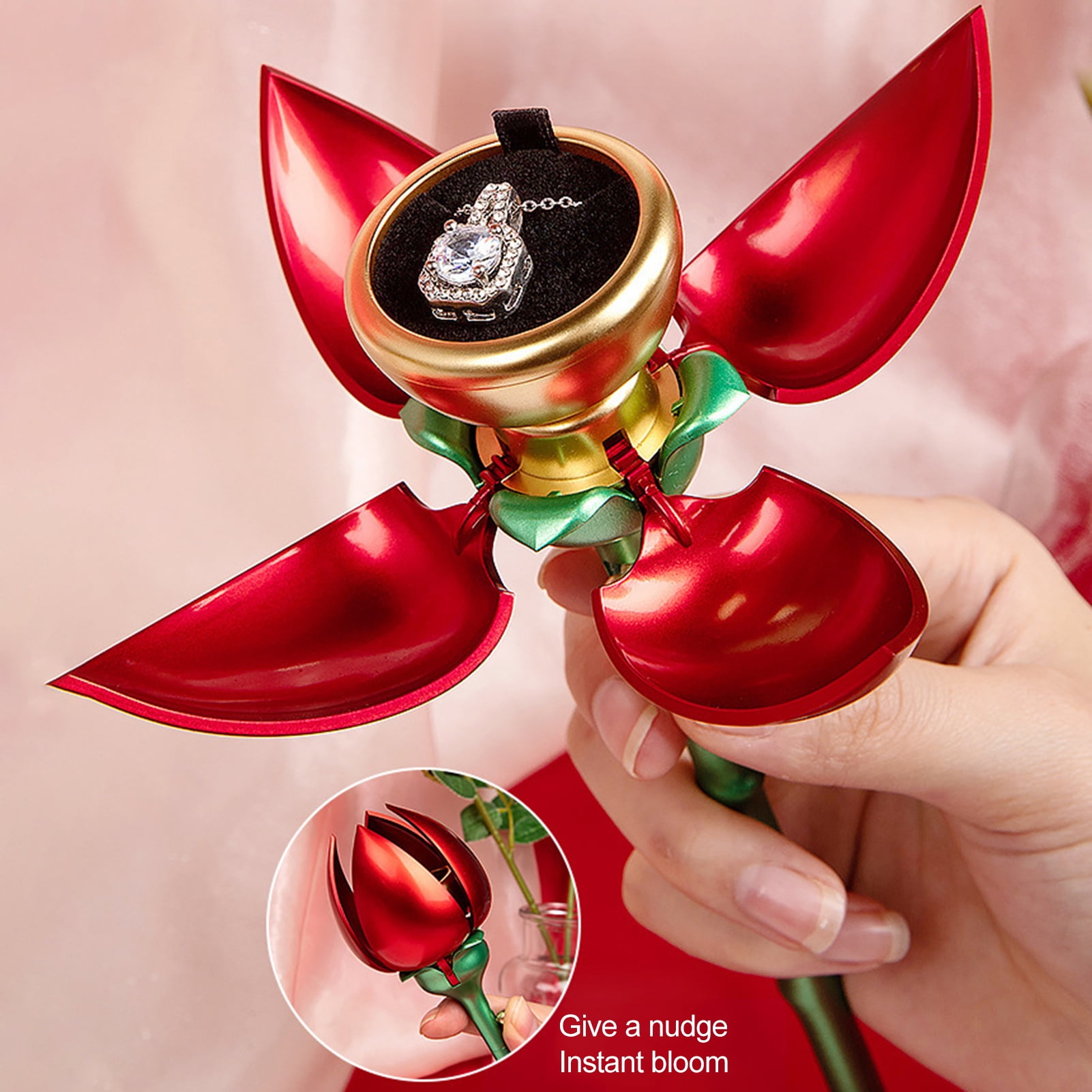 Dserhfy Eternal Rose Ring Box Rose Bud Ring Holder with Stem Rose Jewelry Ring Display Case for ...