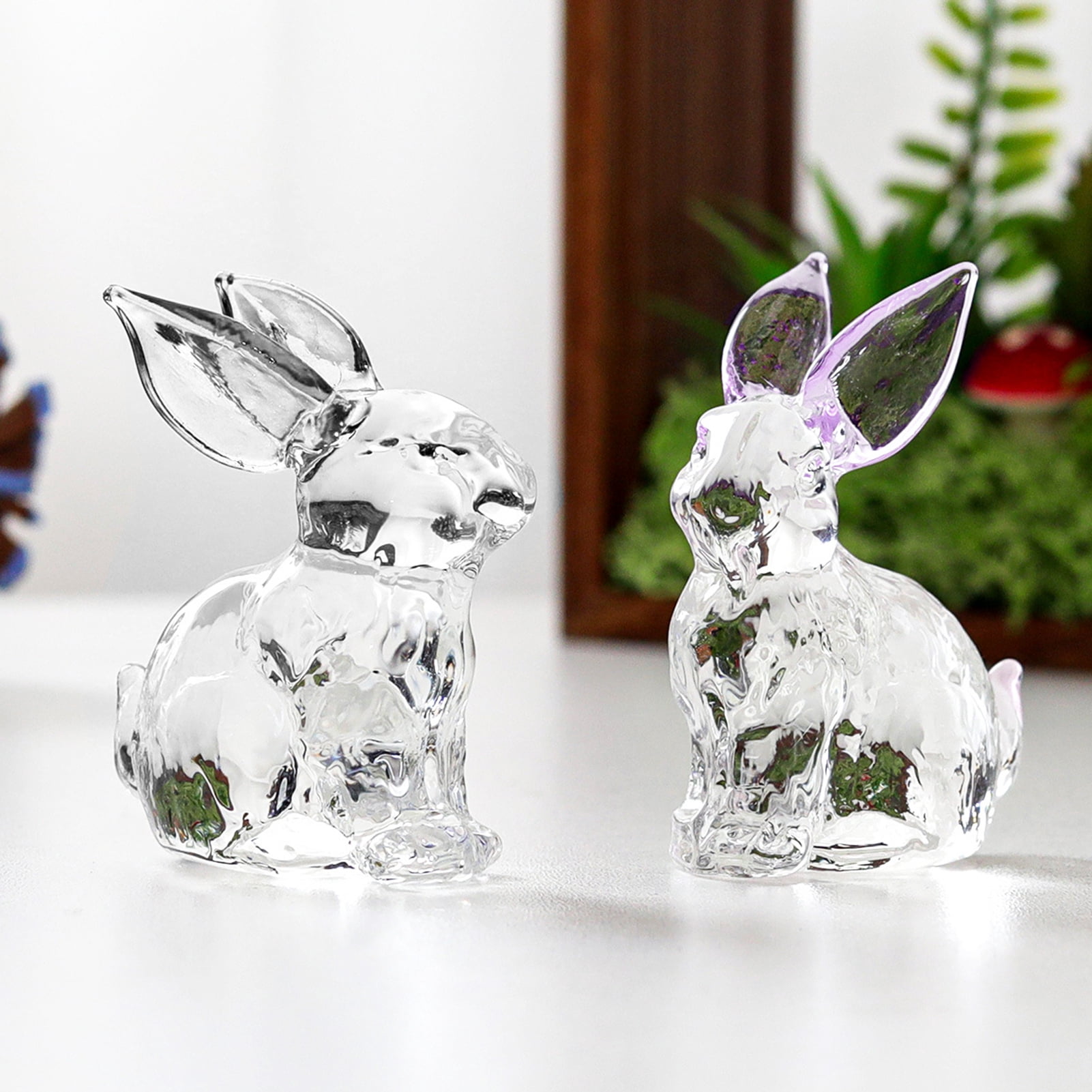 Dserhfy Glass Rabbit Figurine Clear Bunny Ornament with Stained Ears ...