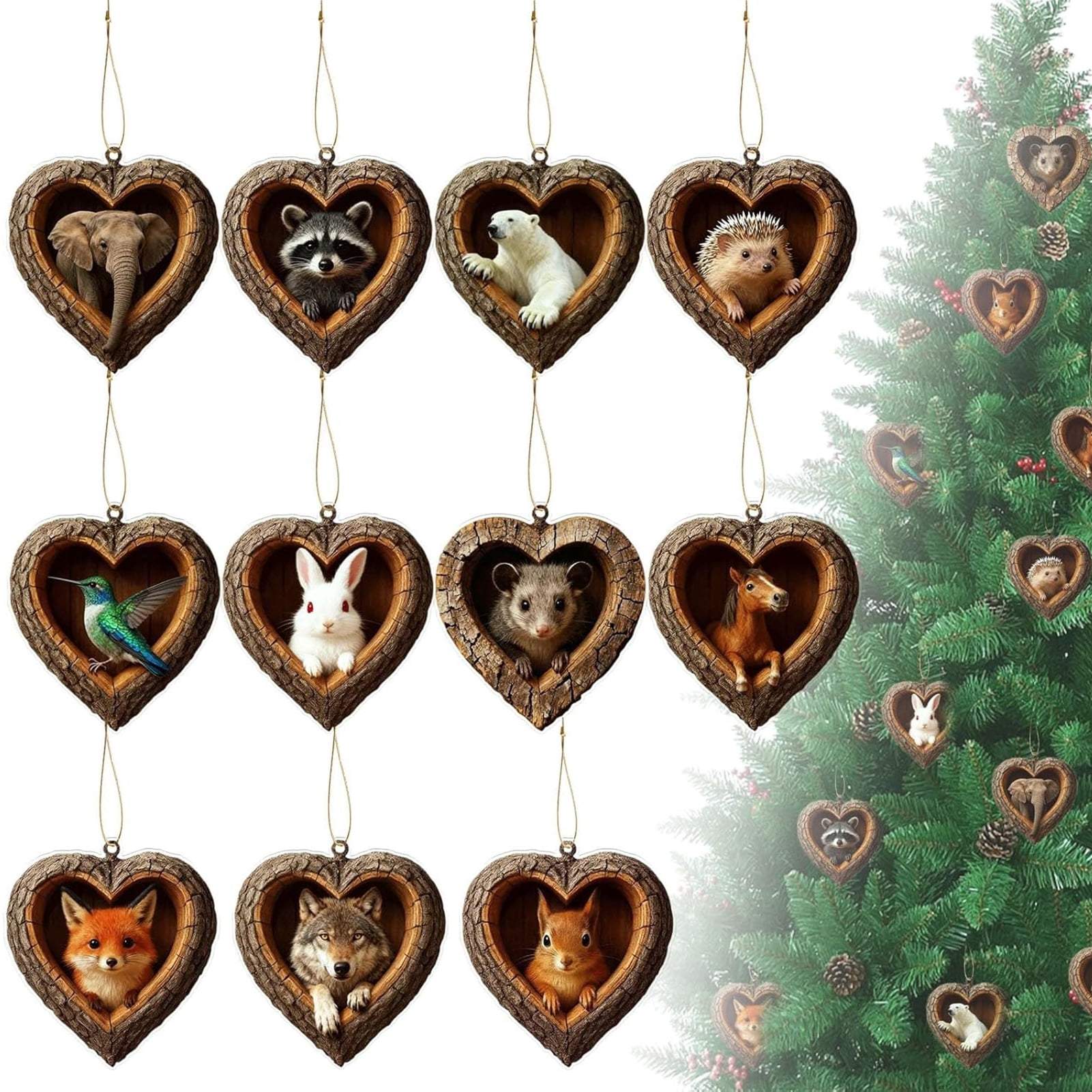 Dserhfy Heart-Shaped Animal Christmas Ornament, 2D Flat Acrylic Forest ...