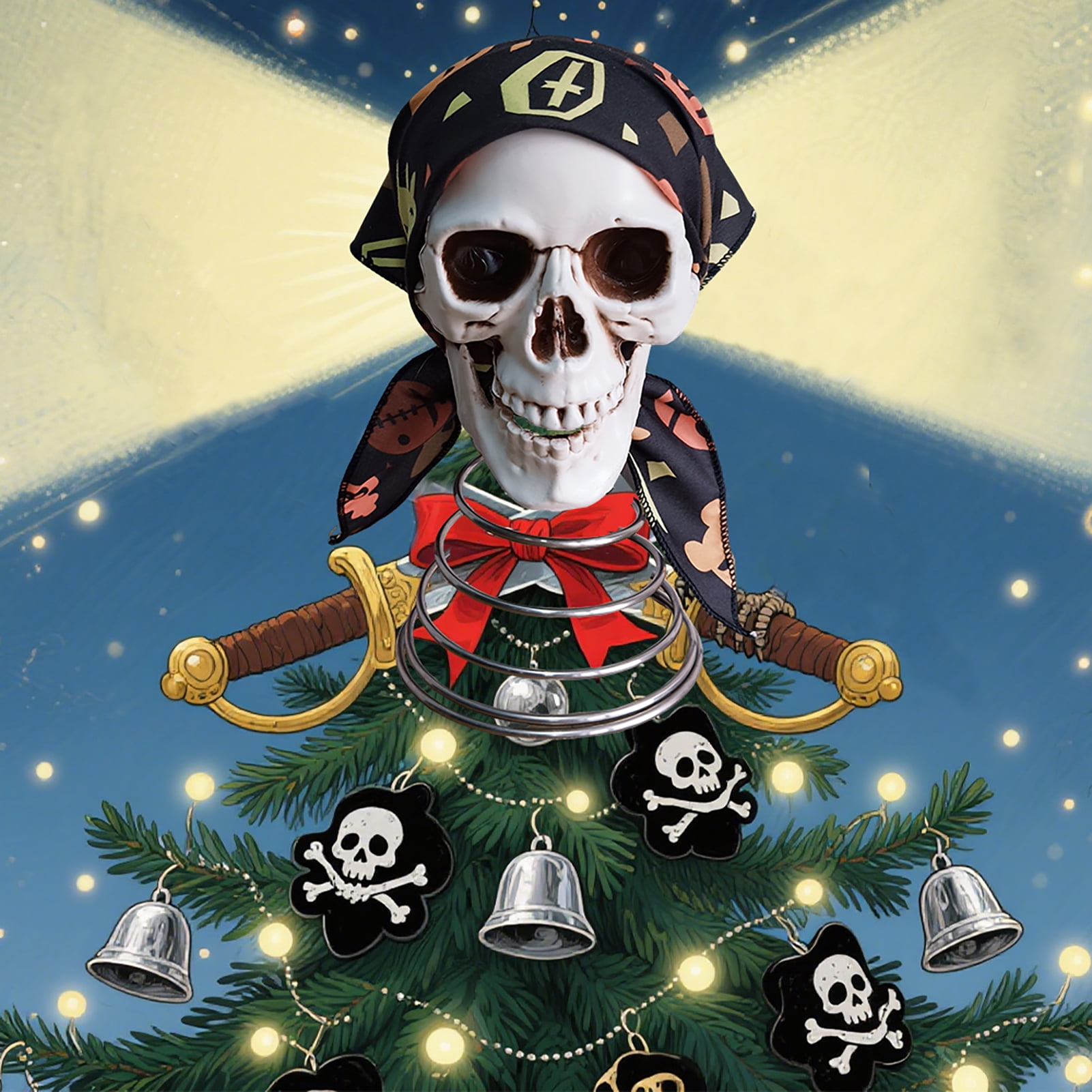 Dserhfy Pirate Skull Tree Topper Halloween Spooky Skeleton Treetop ...