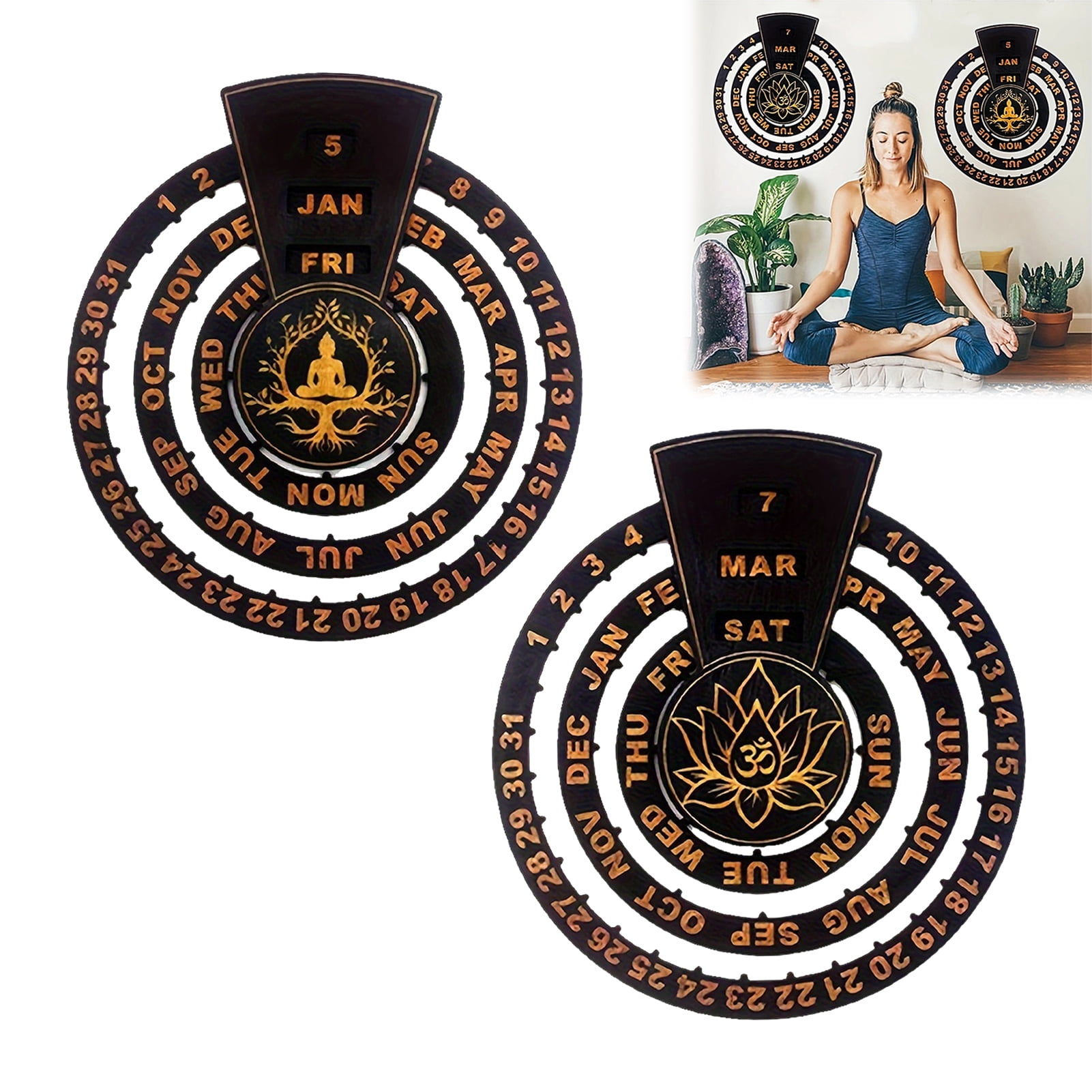 Dserhfy Wooden Perpetual Calendar Manual Rotating Circular Wall ...