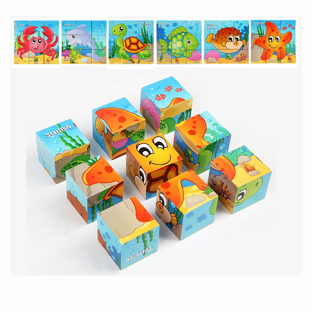 Dsseng 6 in 1 Wooden Block Puzzle Animal Cube Puzzle for 2 3 4+ Years ...