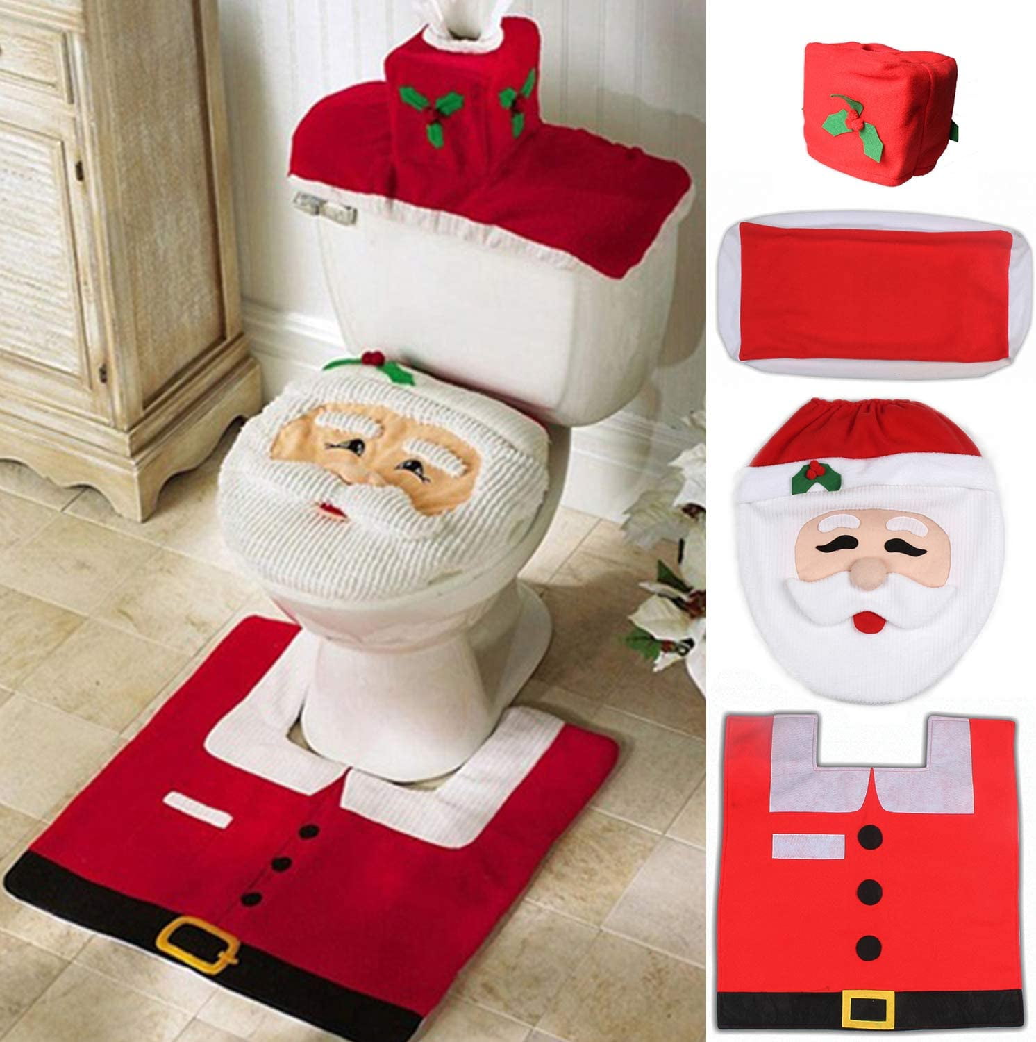 Dsseng Christmas Bathroom Sets, Santa Toilet Seat Cover 3-Piece ...