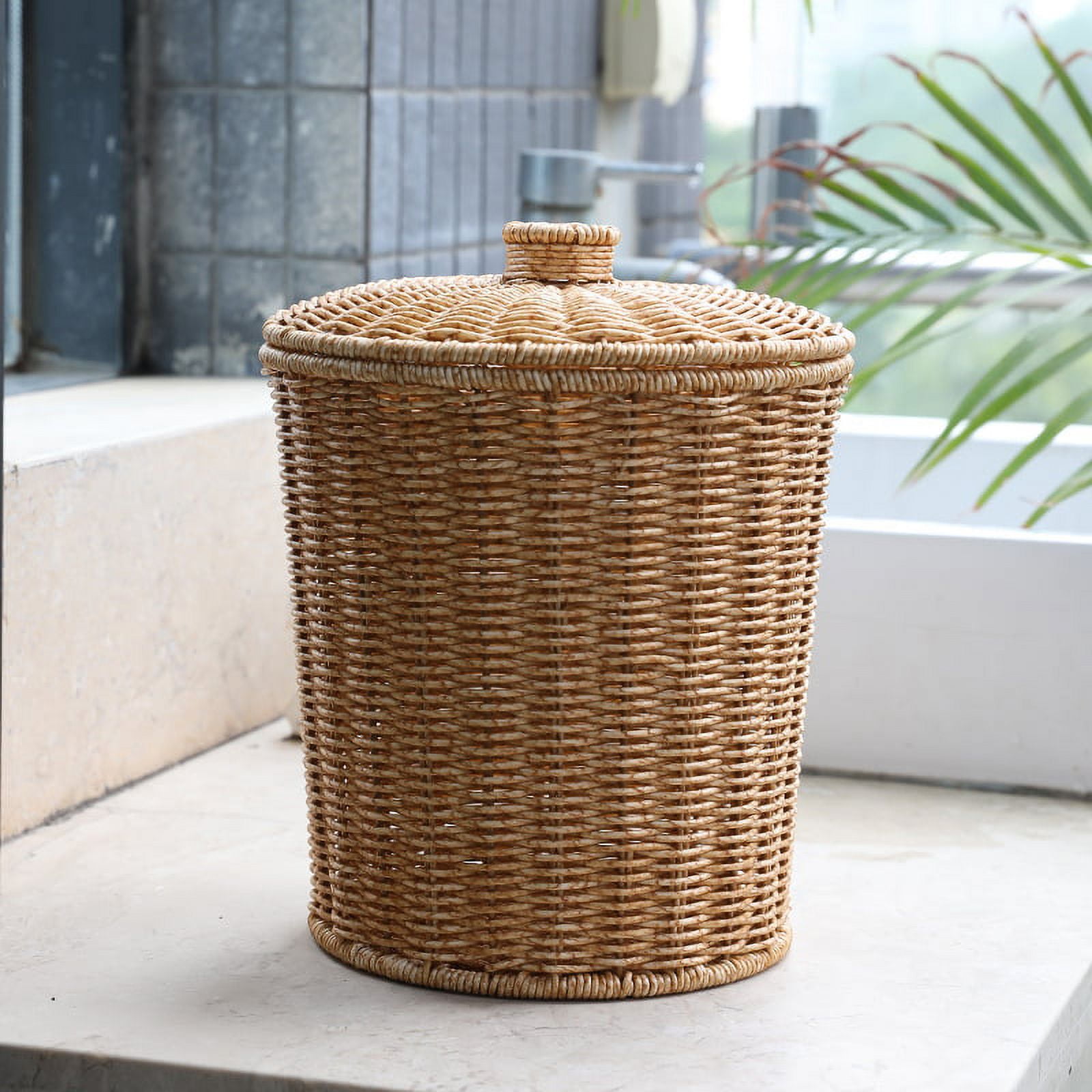 Dsseng Woven Rattan Trash Waste Basket, Large, Honey-Brown Garbage ...