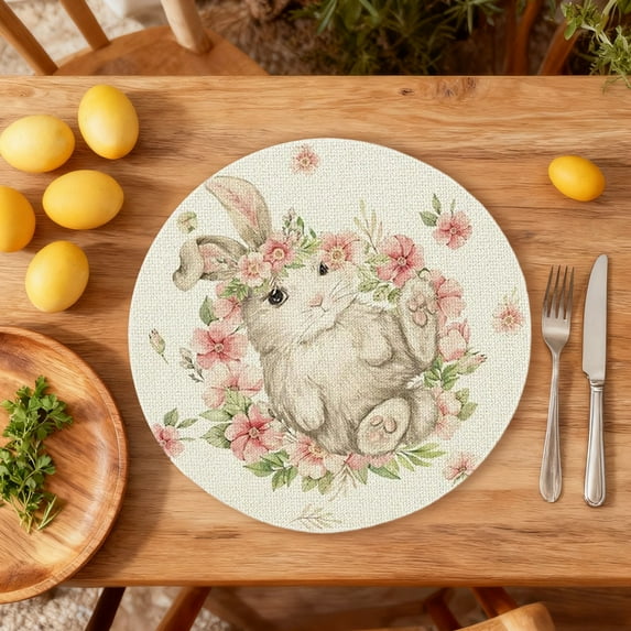 Dtchengua 4-Pack Spring Bunny Print Placemat - Round Decorative Mat for ...