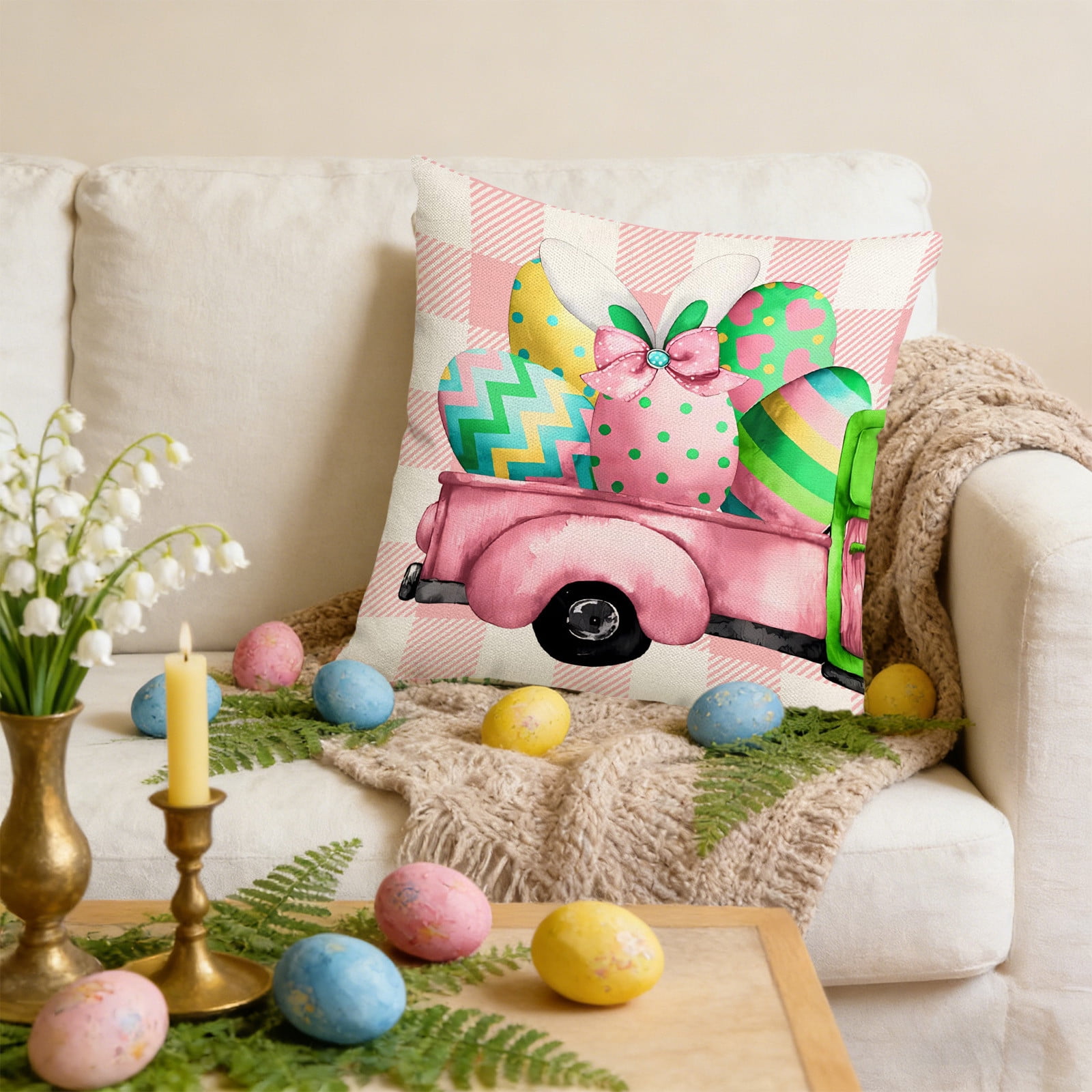 Dtchengua Easter Bunny & Egg Print Pillow Cover - Linen-Look Cushion ...