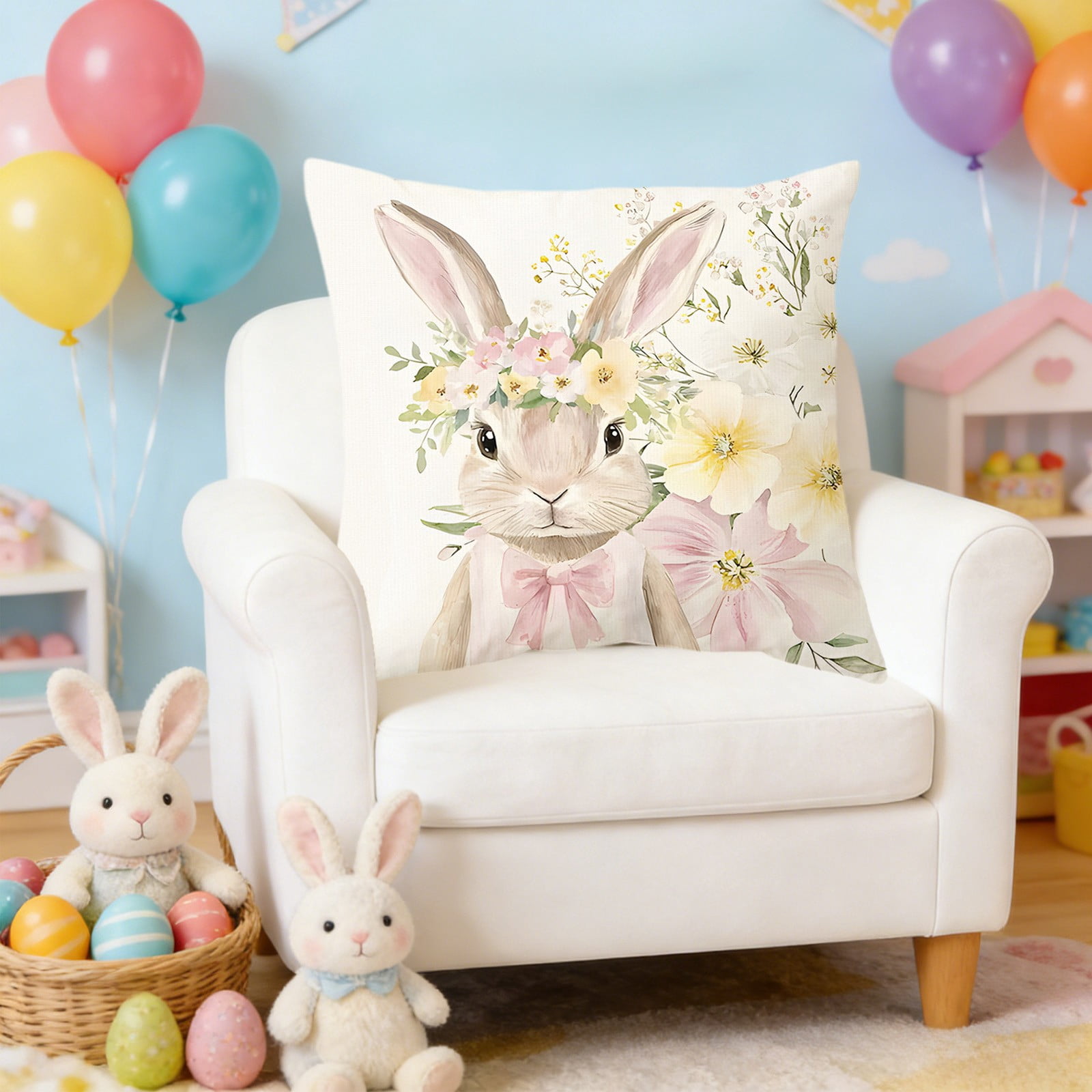 Dtchengua Easter Pillow Cover 18x18， Cotton Bunny & Egg Pattern ...