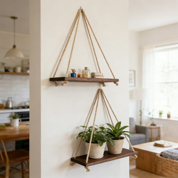 Dtchengua Rustic Wood Floating Shelf with Rope Hangers - Wall Mounted ...