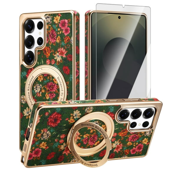 Dteck Flower Patterned Magnetic Case with Tempered Glass Screen ...