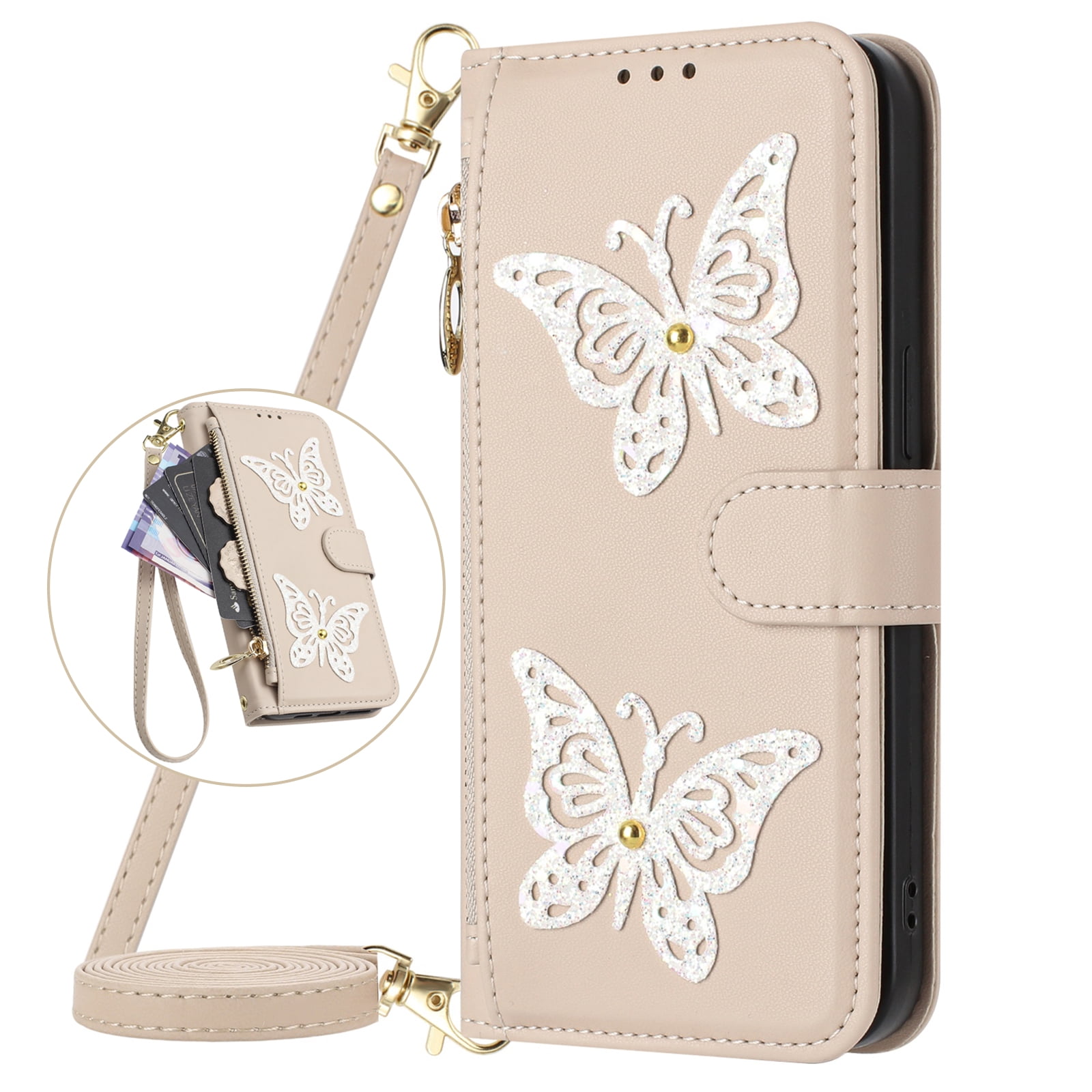 Dteck for Google Pixel 8 Butterfly Wallet Case & Zipper Purse Wrist ...