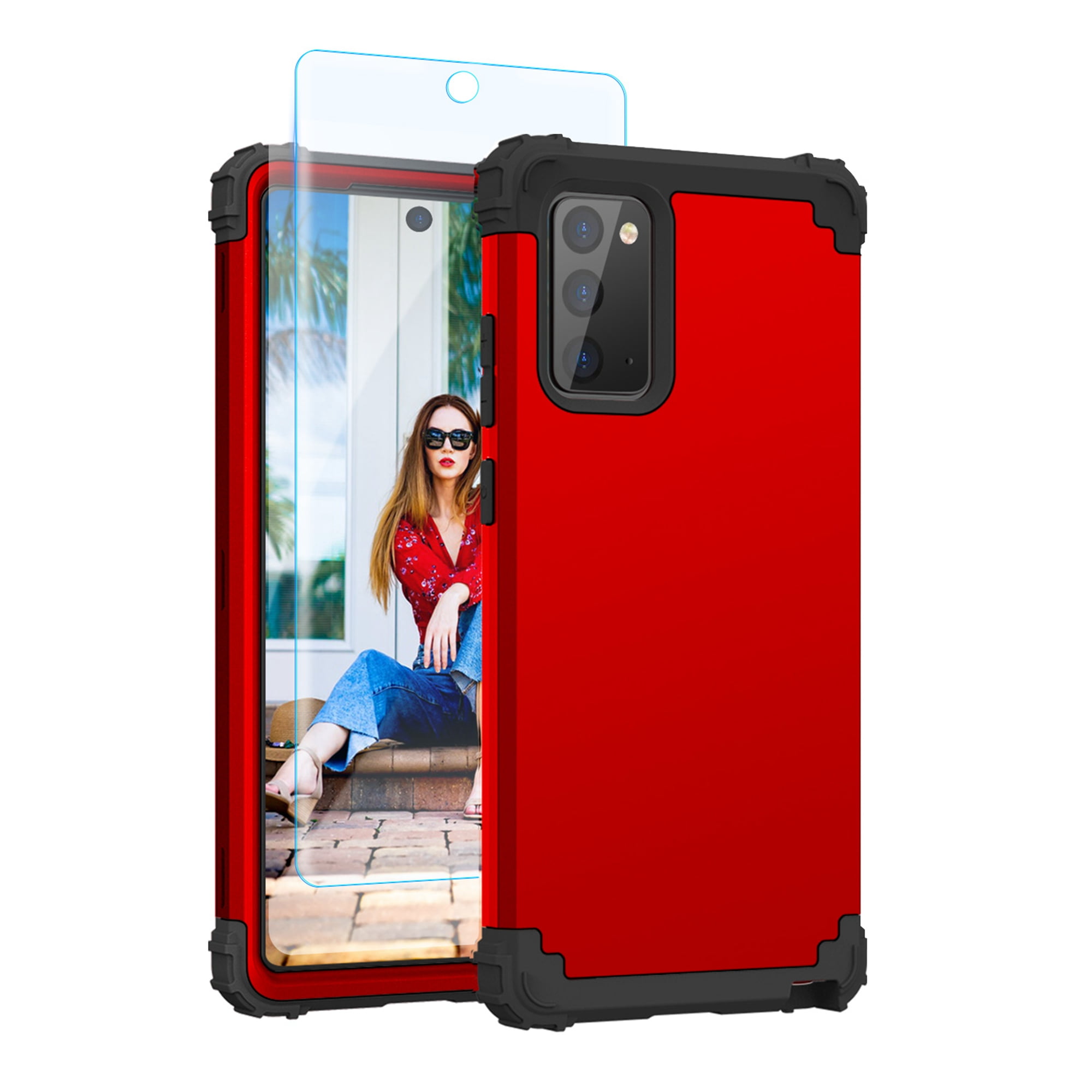 Dteck Heavy Duty Shockproof Case, Tempered Glass Screen Protector, Samsung Galaxy Note 20, Red ...