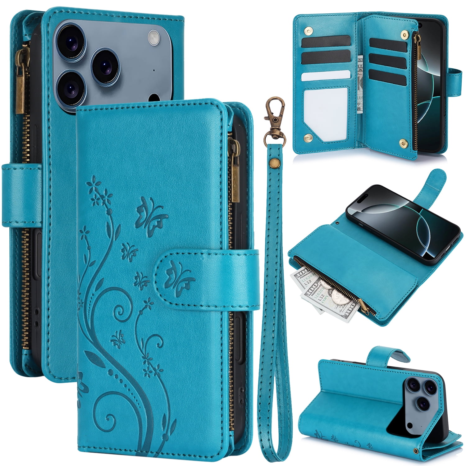 Dteck Phone Case for iPhone 17 Wallet Cell Cover, Zipper Wallet Wrist ...