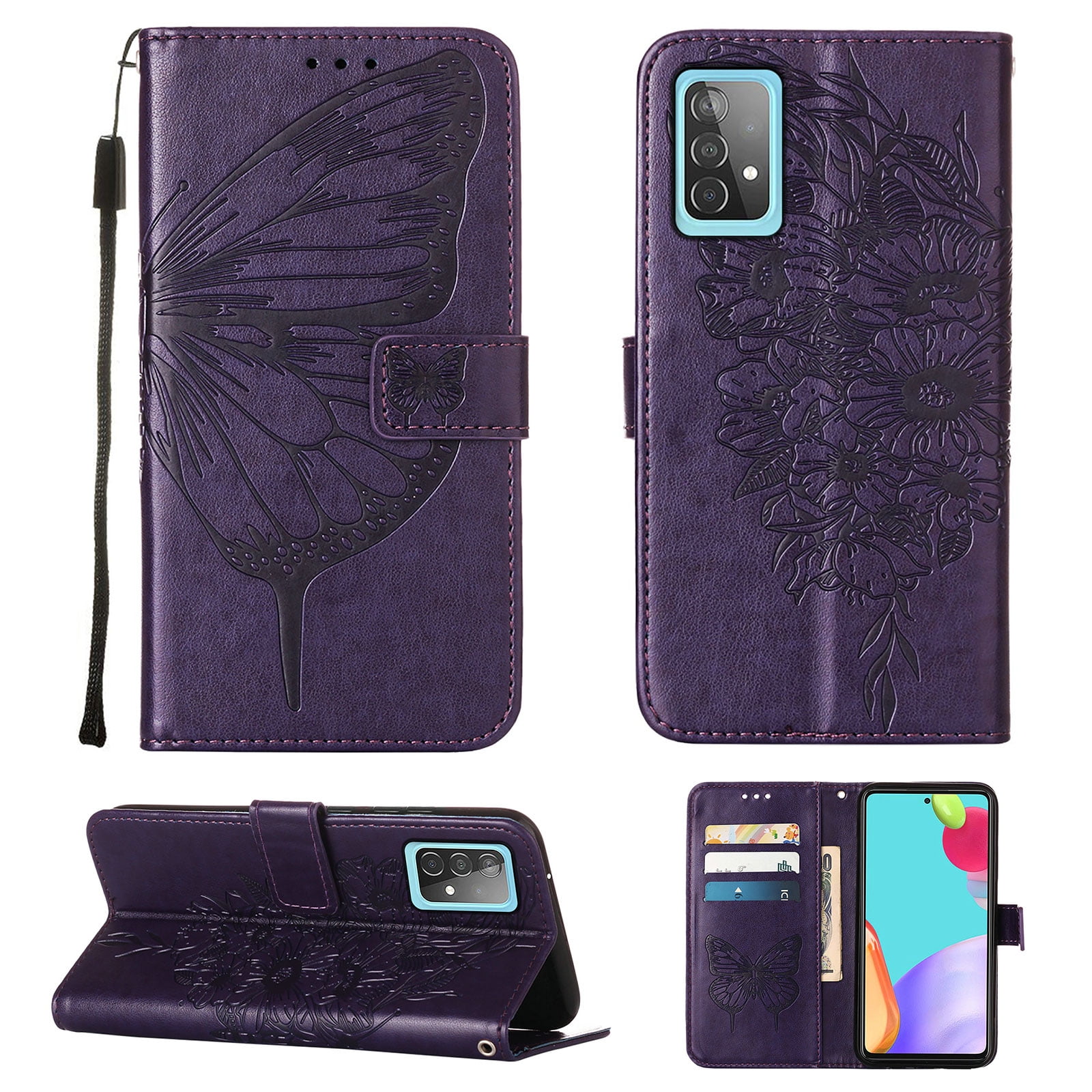 Dteck Samsung A52 Case, Butterfly Patterned Wallet Case, Magnetic Hand Strap Credit Card Holder ...