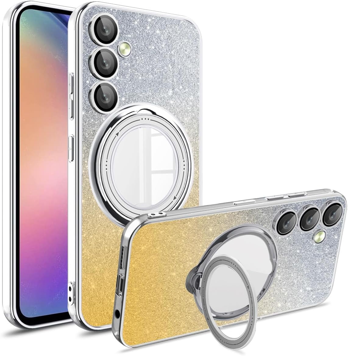 Dteck for Samsung Galaxy S23 Ring Stand Cover, Shockproof Glitter Magnetic Plating Bling Clear ...