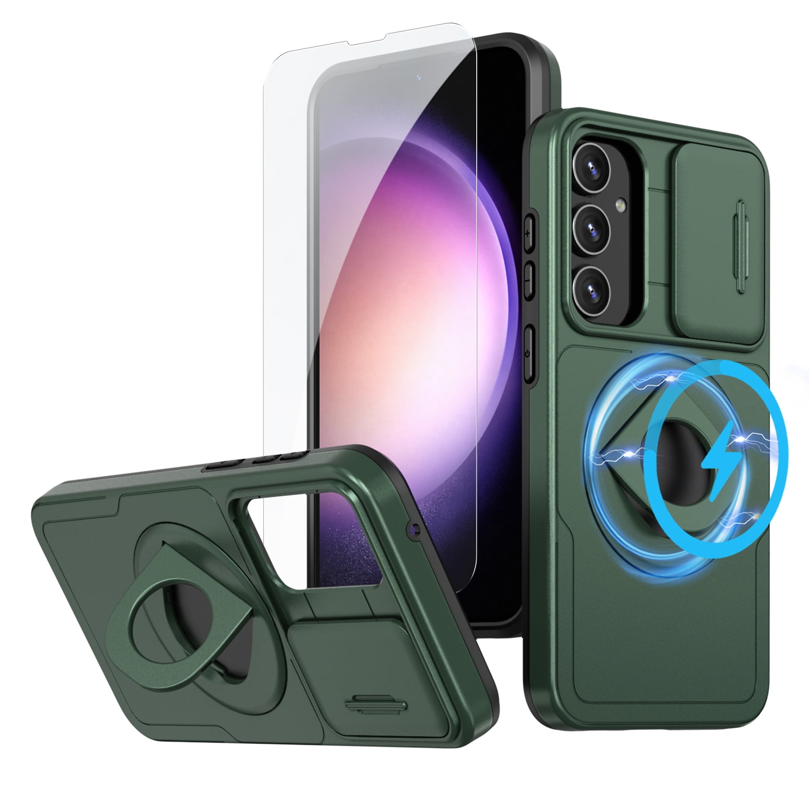 Dteck for Samsung Galaxy S24 Plus Case with Screen Protector & Sliding Camera Protector, Ring ...