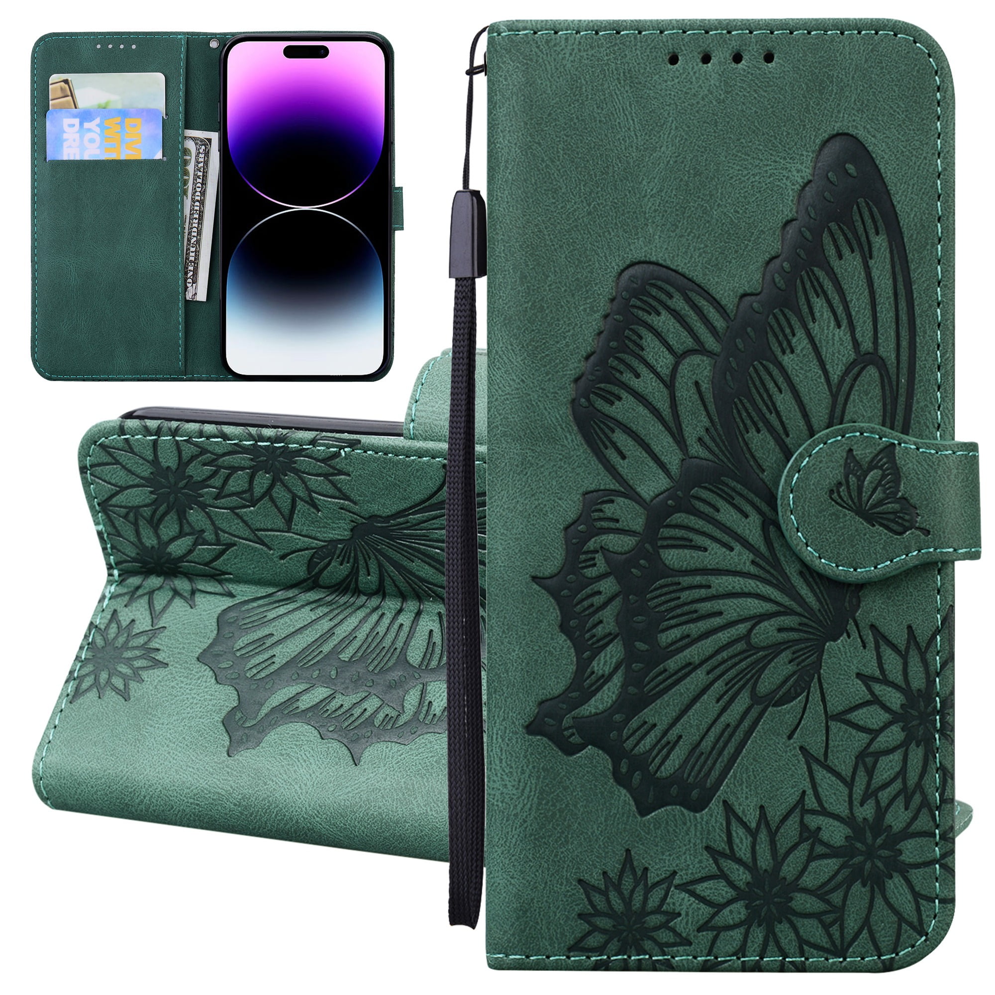 Dteck Wallet Case for Samsung Galaxy S21 FE, Women Butterfly Embossed PU Leather Stand Card ...