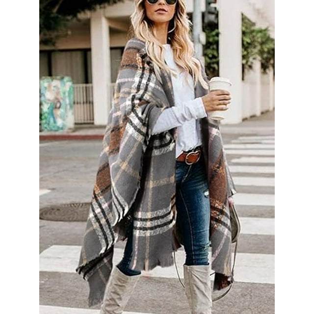 Dteck Women's Shawl Wrap Poncho Knitted Plaid Open Front Cardigan ...