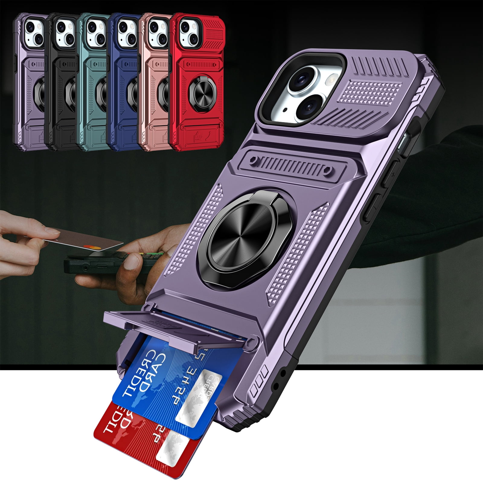 Dteck for iPhone 15 Case with Card Holder (2 Cards) & Kickstand Ring ...